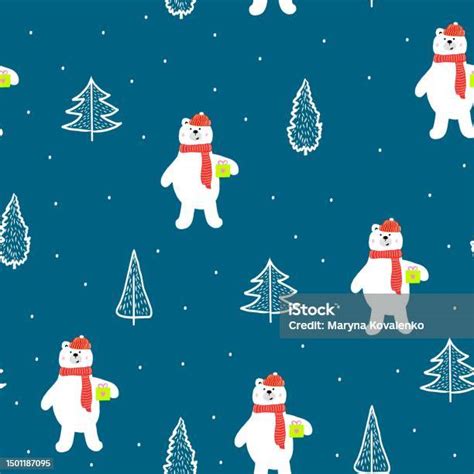 북극곰 배달 Tbox 크리스마스 원활한 패턴 흰 곰과 양식화 된 전나무 겨울 인쇄 포장지 인테리어 및 표지 디자인 웹