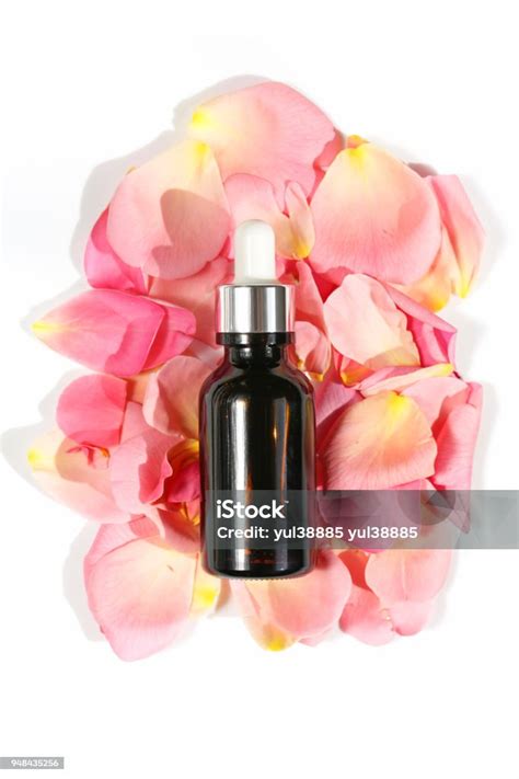 장미 꽃잎 추출합니다 갈색 유리병에 흰색 바탕에 연한 핑크 로즈의 꽃잎 장미 꽃잎 추출 물으로 얼굴 피부에 대 한 혈 청 유기 자연 순수 화장품 갈색에 대한 스톡 사진 및