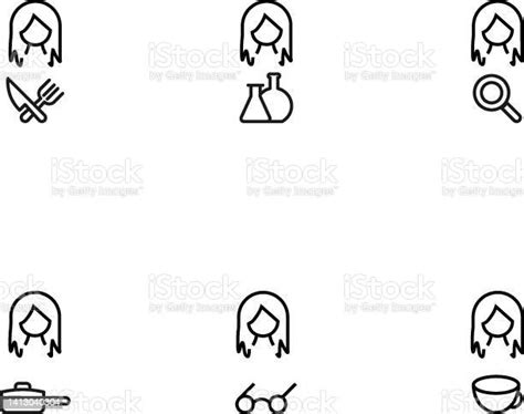 광고 상점 상점 앱에 적합한 단색 표지판이있는 라인 아이콘 세트 크로스 포크와 나이프 실험실 전구 돋보기 프라이팬 안경 여자