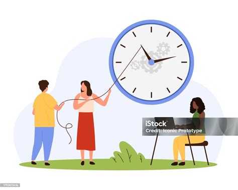 시간 관리 마감 시간을 맞추기 위해 시계를 뒤로 옮기는 작은 사람들 밧줄로 화살을 당기는 사람들 개념에 대한 스톡 벡터 아트 및 기타 이미지 Istock