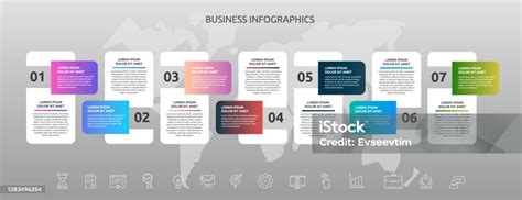 인포그래픽 은 7 단계 아이콘으로 직사각형 다이어그램 비즈니스 웹 배너 워크플로 레이아웃 순서도 정보 그래프 타임라인 콘텐츠에 사용되는 벡터 템플릿 0명에 대한 스톡 벡터