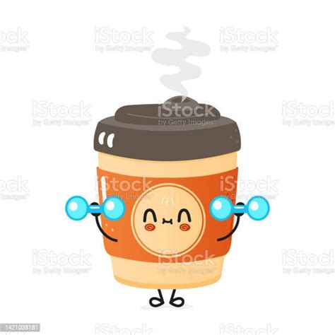 덤벨과 커피 캐릭터의 귀여운 재미있는 컵 벡터 손으로 그린 만화 카와이 캐릭터 일러스트 레이 션 아이콘 흰색 배경에 고립되어