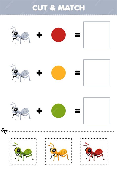 교육 게임 절단 및 일치 조합 색상 귀여운 만화 개미 인쇄 가능한 버그 워크 프리미엄 벡터
