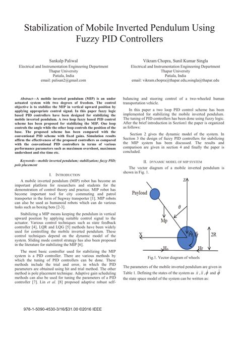 PDF Stabilization Of Mobile Inverted Pendulum Using Fuzzy PID Controllers