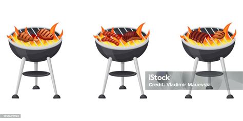 빨갛게 달궈진 바베큐 그릴 세트 그릴에서 고기를 굽는 것 흰색 배경에 벡터 그림 고기에 대한 스톡 벡터 아트 및 기타 이미지 고기 구운 치킨 굽기 Istock