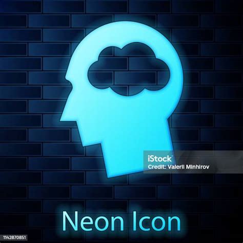 벽돌 벽 배경에 고립 된 구름 아이콘으로 빛나는 네온 머리 실루엣 꿈 기호입니다 벡터 일러스트 개념에 대한 스톡 벡터 아트 및 기타 이미지 Istock