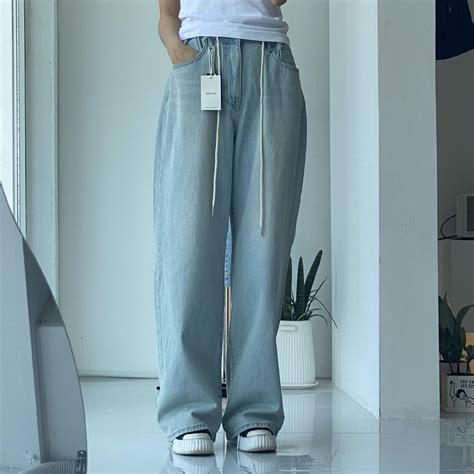 오하루 여성와이드청바지 삥줄프리사이즈연청바지 빅사이즈 와이드핏