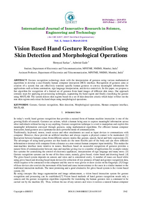 Pdf Vision Based Hand Gesture Recognition Using Skin Detection And Morphological Operations