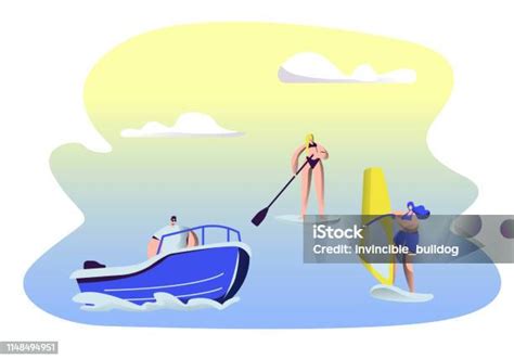사람들은 여름 수상 스포츠 활동 서핑 Sup 보드 모터 보트 타기 항해 남자와 여자는 여름 시간 휴가 레저 리조트 활성 레크리에이션 만화 평면 벡터 일러스트 레이 션에서