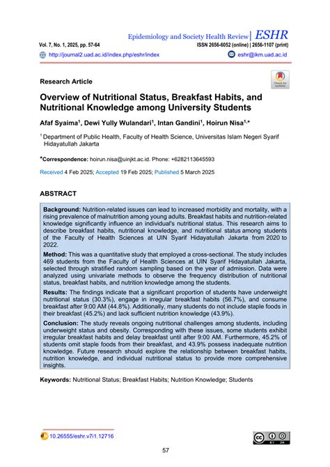 Pdf Overview Of Nutritional Status Breakfast Habits And Nutritional Knowledge Among