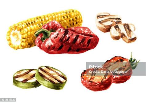 구운 야채와 버섯 세트 흰색 배경에 격리 된 수채화 손 그린 그림 구이에 대한 스톡 벡터 아트 및 기타 이미지 구이 굽기 불 Istock