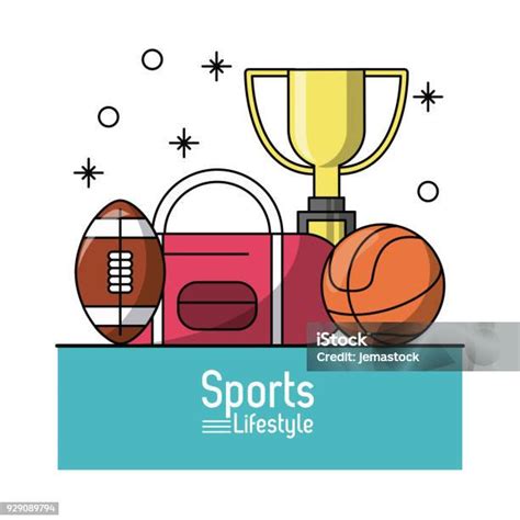 트로피와 공 축구와 농구의 스포츠 라이프 스타일의 화려한 포스터 Championship에 대한 스톡 벡터 아트 및 기타 이미지 Championship 경기 스포츠