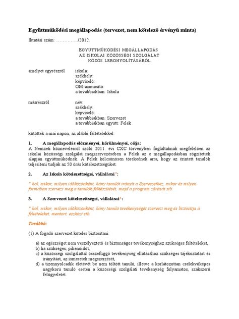 Együttműködési Megállapodás Tervezet Nem Kötelező Érvényű Minta Pdf