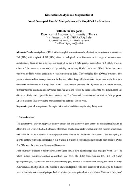Pdf Kinematics Analysis And Singularities Of Novel Decoupled Parallel
