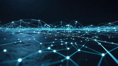 Glowing Network Of Interconnected Nodes And Lines Over A Dark Surface With Starry Sky Above