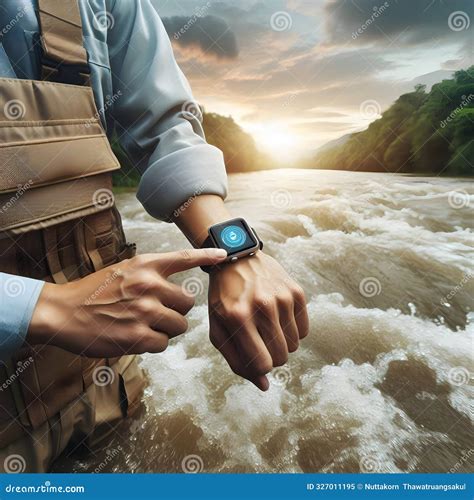 Photo Realistic As Hydrologist With Smartwatch And Flood Monitoring In River Basin Concept As