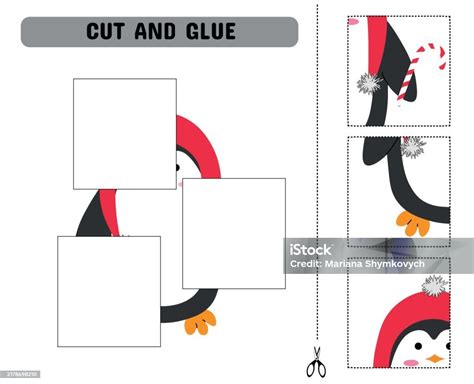 자르고 붙입니다 크리스마스 펭귄과 함께하는 아이들을 위한 교육용 게임 미취학 아동 유치원을 위한 응용 프로그램 인쇄 가능한 시트