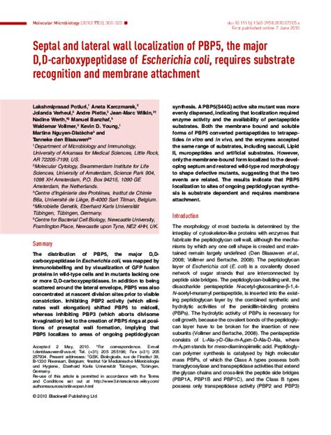 Pdf Septal And Lateral Wall Localization Of Pbp5 The Major D D Carboxypeptidase Of