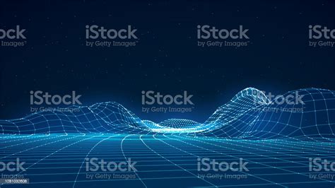 수평선에 입자 점과 별추 디지털 풍경 와이어프레임 가로 배경 빅 데이터 3d 미래 벡터 일러스트레이션 80년대 레트로 공상 과학 배경 테크놀로지에 대한 스톡 벡터 아트 및