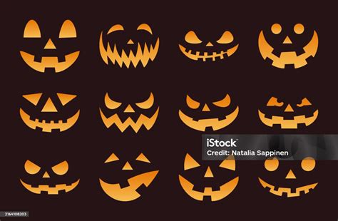유령 할로윈 호박 얼굴 실루엣 아이콘 벽지 무서운 잭 O 랜턴 컬렉션 소름 끼치는 표현 10 월 파티 벡터 클립 아트 세트는 단색 배경에 고립되어 있습니다 공포