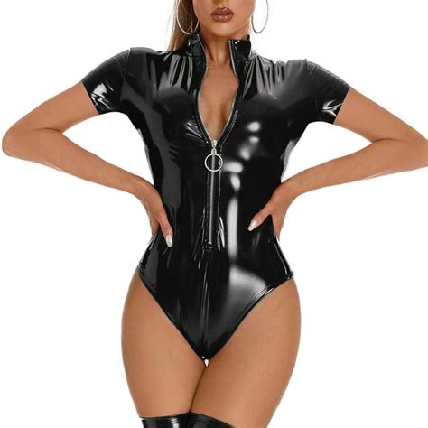 Women Glossy Leather Bodysuit Sexy Zipper Open Breast Short Sleeve