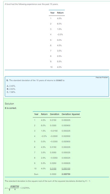 Standard Deviation Of A Fund R Cfa