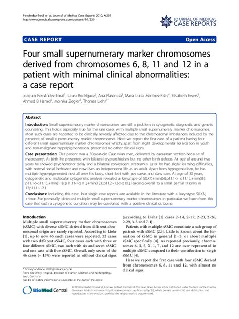 Pdf Four Small Supernumerary Marker Chromosomes Derived From Chromosomes 6 8 11 And 12 In A