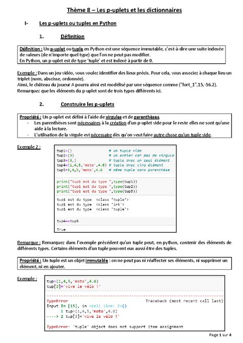 Td8 Cours Thème 8 Les P Uplets Et Les Dictionnaires I Les P Uplets Ou Tuples En Python 1