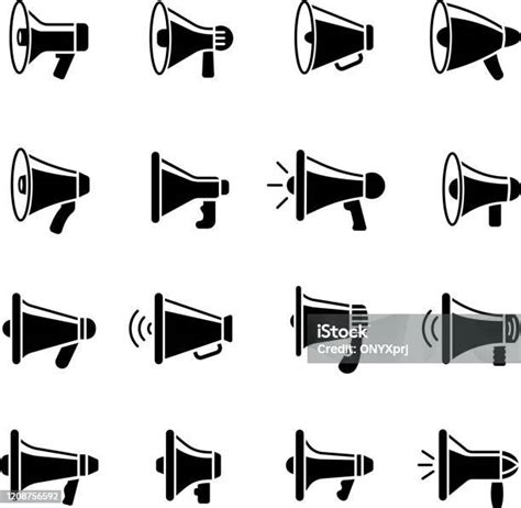 시끄러운 스피커 아이콘 메가폰 실루엣 발표 벡터 심볼 컬렉션 세트 개념에 대한 스톡 벡터 아트 및 기타 이미지 개념 개체 그룹 검은색 Istock