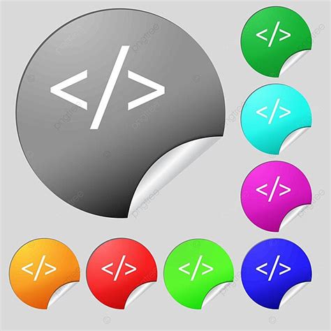 Vector Set Of Eight Multicolored Round Buttons And Stickers Depicting Code Sign Icon And