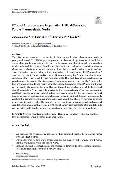 Pdf Effect Of Stress On Wave Propagation In Fluid Saturated Porous Thermoelastic Media