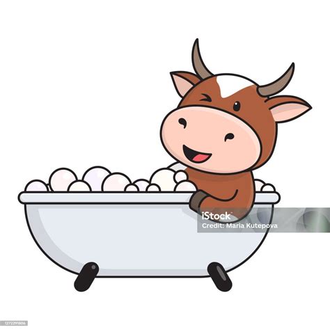 귀여운 행복 한 빨간 발견 된 소 또는 황소 거품 목욕걸립니다 황소는 중국 또는 동부 달력에 따라 2021 년 새해의 상징이다 벡터 스톡 플랫 일러스트레이션 은 흰색으로