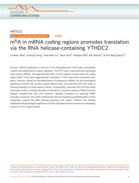 pdf m6a in mrna coding regions promotes translation via the rna