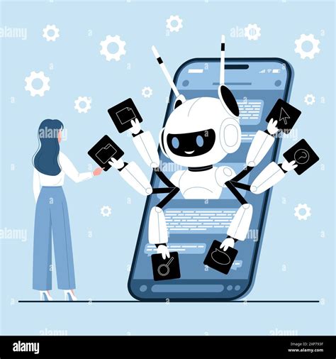 Productivity And Automation Of Chatbot Assistant Tiny Woman Working With Multitasking Robot On