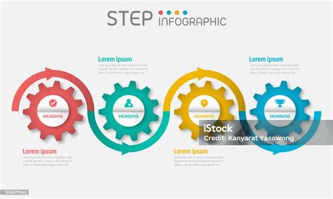 단계 옵션 이정표 프로세스 또는 워크플로와 기어 모양 요소 비즈니스 데이터 시각화 프리젠 테이션을위한 창조적 인 톱니 바퀴 타임 라인 인포 그래픽 템플릿 벡터 일러스트레이션