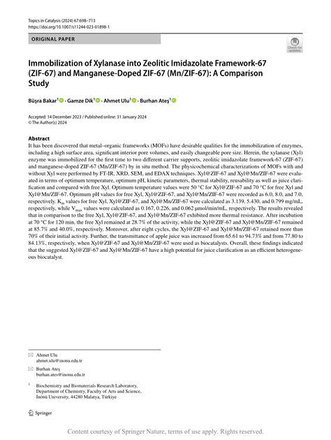 Pdf Immobilization Of Xylanase Into Zeolitic Imidazolate Framework 67 Zif 67 And Manganese