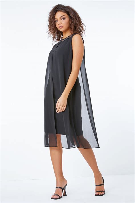 Petite Embellished Neck Chiffon Dress In Black Petite Uk