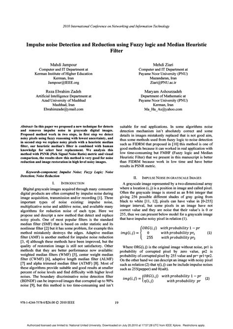 Pdf Impulse Noise Detection And Reduction Using Fuzzy Logic And Median Heuristic Filter