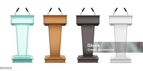 연단 트리뷴 흰색 배경에 설정 된 벡터 사실적인 격리 발표자 트리뷴 의식 프리젠 테이션 또는 유리 갈색과 검은 색 나무의 마이크와 연설 연단 토론 연단에 대한 스톡 벡터