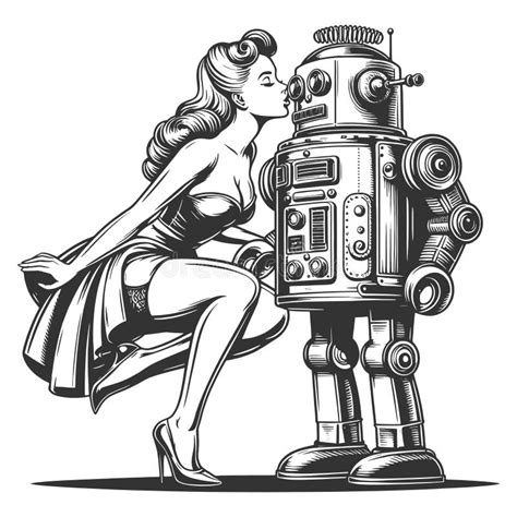 Retro Woman Kissing Vintage Robot Sketch Raster Stock Illustration