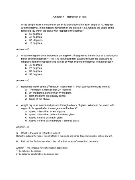 Refraction Of Light Answers Pdf Refraction Refractive Index
