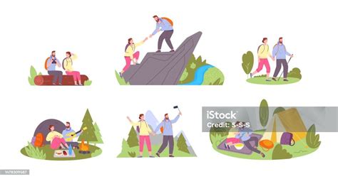 커플 하이킹 젊은 모험가 등산 여행 자연 여행 숲 또는 강 야외 캠프에 셀카 행복한 등산객 라이프 스타일 활동적인 여행 화려한 벡터 일러스트 레이 션 가공의 인물에 대한