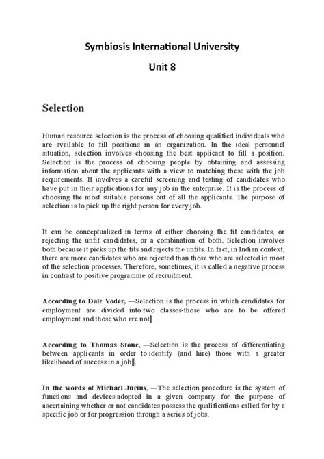 Unit 8 Selection Symbiosis International University Unit 8 Selection Human Resource Selection