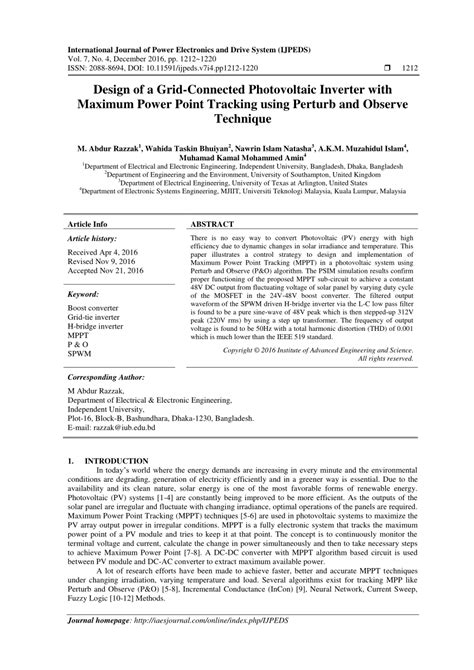 Pdf Design Of A Grid Connected Photovoltaic Inverter With Maximum Power Point Tracking Using
