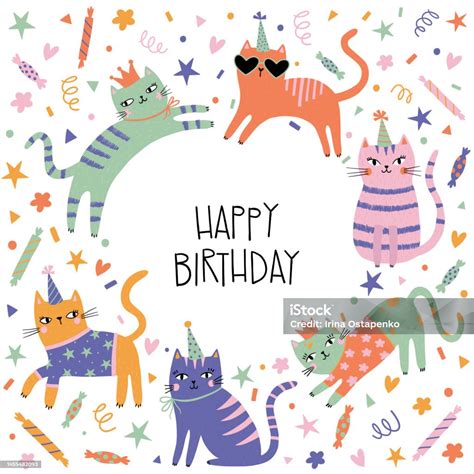 Hand Drawn Happy Birthday Card With Funny Cats With Birthday Cap And