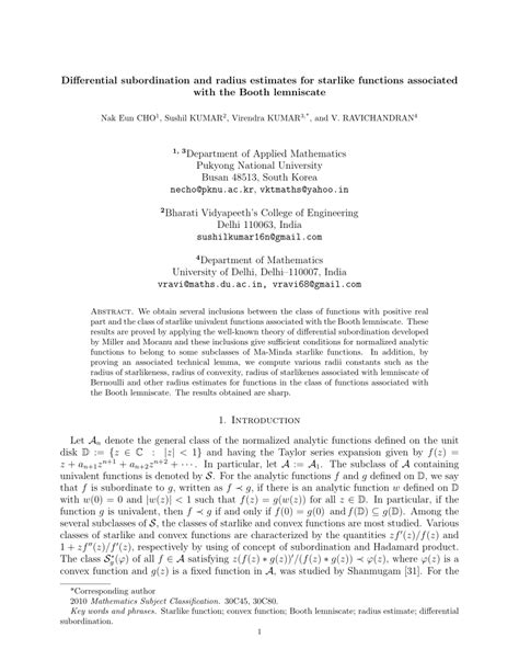 Pdf Differential Subordination And Radius Estimates For Starlike Functions Associated With The