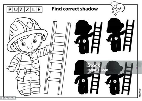 아이들을위한 퍼즐 게임 올바른 그림자를 찾으십시오 색칠 페이지 개요 소화 사다리와 도끼가있는 만화 소방관 또는 소방관의 개요 직업 어린이를위한 색칠 공부 책 검색에 대한