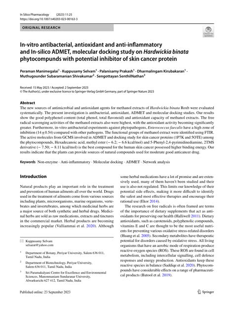 Pdf In Vitro Antibacterial Antioxidant And Anti Inflammatory And In Silico Admet Molecular