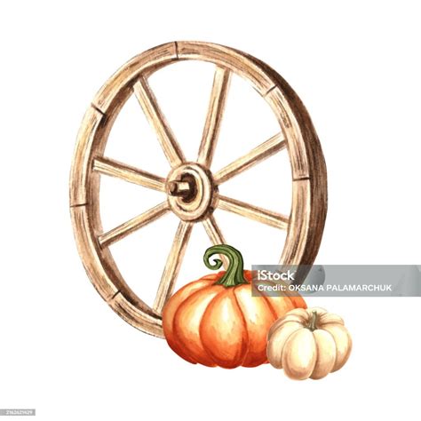 호박과 나무 카트 바퀴 수확 가을 구성 손으로 그린 수채화 그림이 분리되어 있습니다 추수 감사절 전통 야채 가을 클립 아트 스티커 카드 할로윈 자수 0명에 대한 스톡 벡터