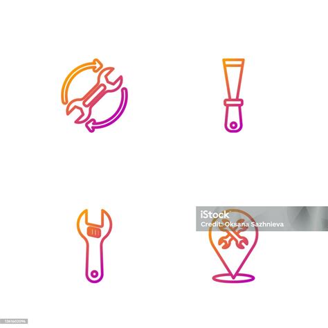 워크플로우와 퍼티 칼로 렌치 조절 가능 렌치 및 화살표라인 위치를 설정합니다 그라데이션 색상 아이콘입니다 벡터 건설 산업에 대한 스톡 벡터 아트 및 기타 이미지 Istock